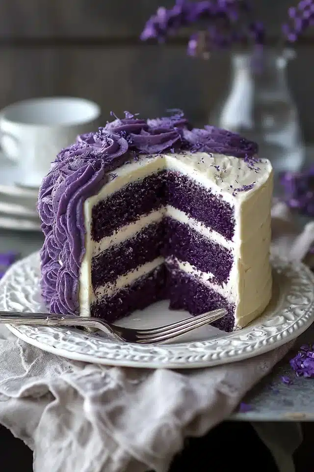 Royal Purple Velvet Cake with Creamy Vanilla Frosting - Savoring Moments