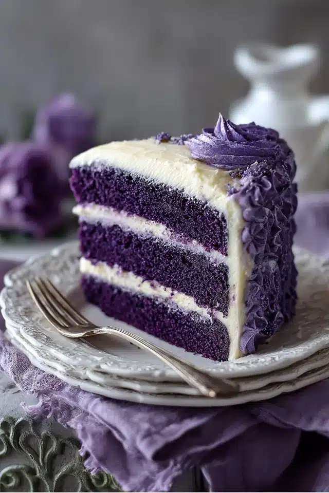Royal Purple Velvet Cake with Creamy Vanilla Frosting - Savoring Moments