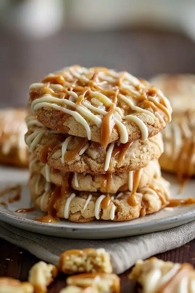 White Chocolate Caramel Drizzle Cookies - Savoring Moments