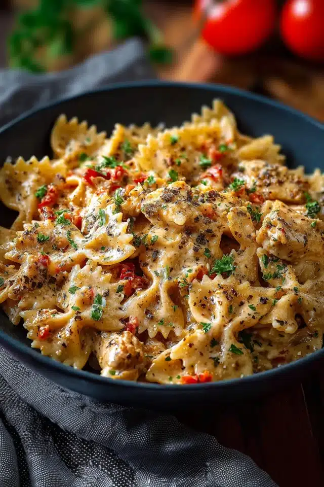 Parmesan Roasted Red Pepper Chicken Bowties in Garlic Cream - Savoring ...
