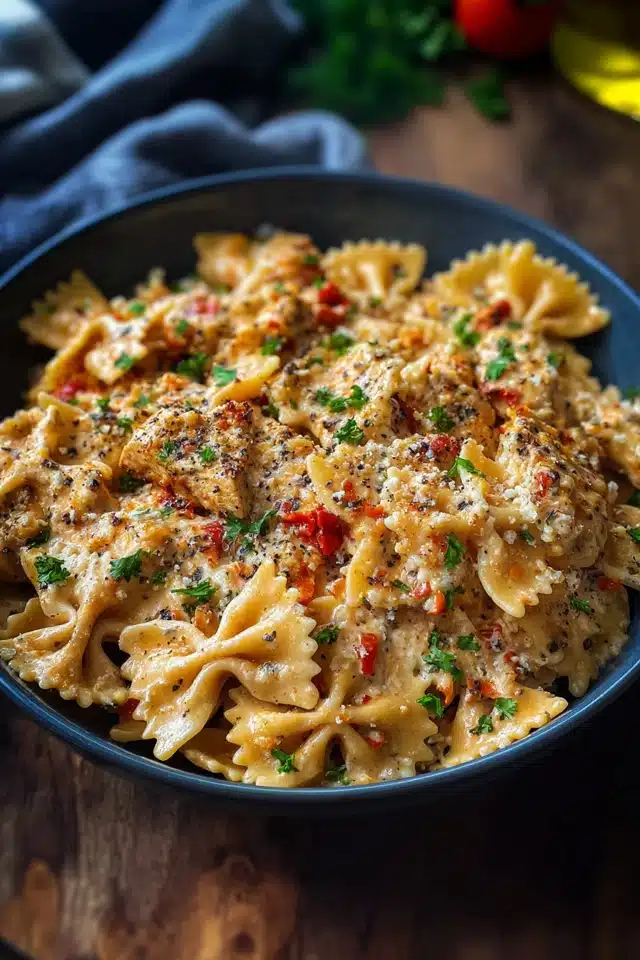 Parmesan Roasted Red Pepper Chicken Bowties in Garlic Cream - Savoring ...