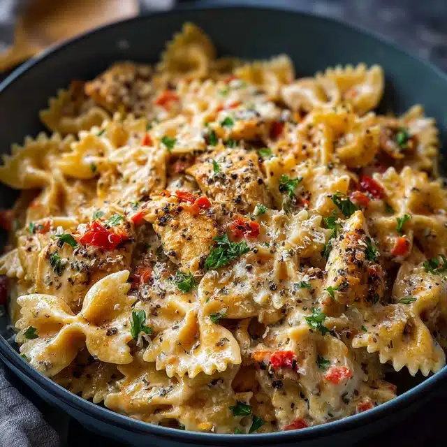Parmesan Roasted Red Pepper Chicken Bowties in Garlic Cream - Savoring ...