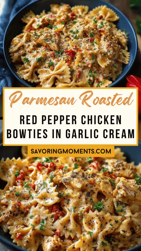 Parmesan Roasted Red Pepper Chicken Bowties in Garlic Cream - Savoring ...