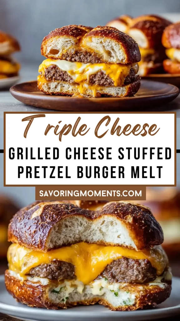 Triple Cheese Garlic Butter Grilled Cheese Stuffed Pretzel Burger Melt ...